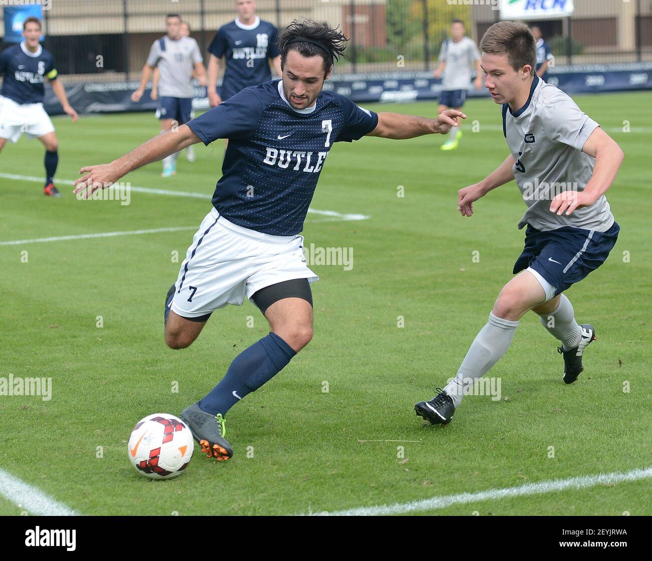 Butler forward Austin Oldham (7) clears the ball against Georgetown ...