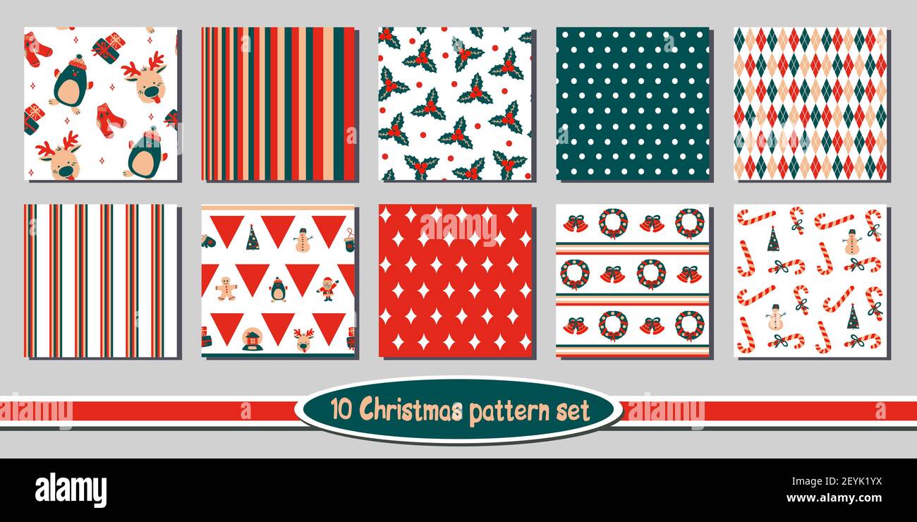 Set of 10 seamless Christmas vector patterns - includes funny bright backgrounds with cute ...
