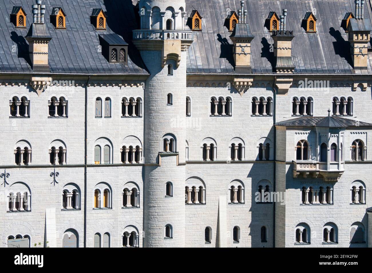Close up of the exterior of stunning Neuschwanstein Castle near Füssen ...
