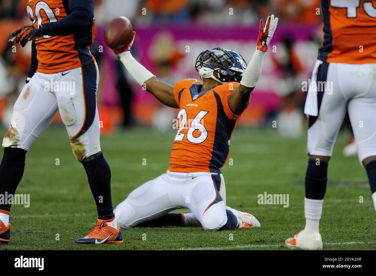 Denver Broncos safety Rahim Moore celebrates after catching an ...