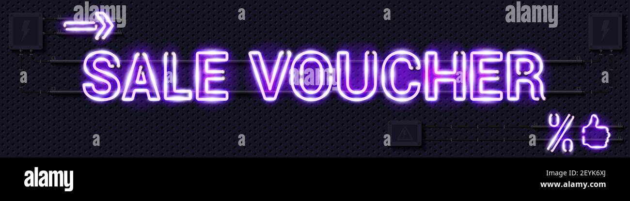 SALE VOUCHER glowing purple neon lamp sign. Realistic illustration ...