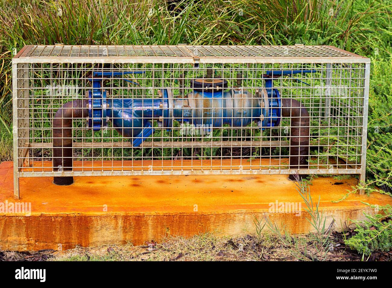 Blue water pipe and hydrant housed in a wire cage Stock Photo - Alamy