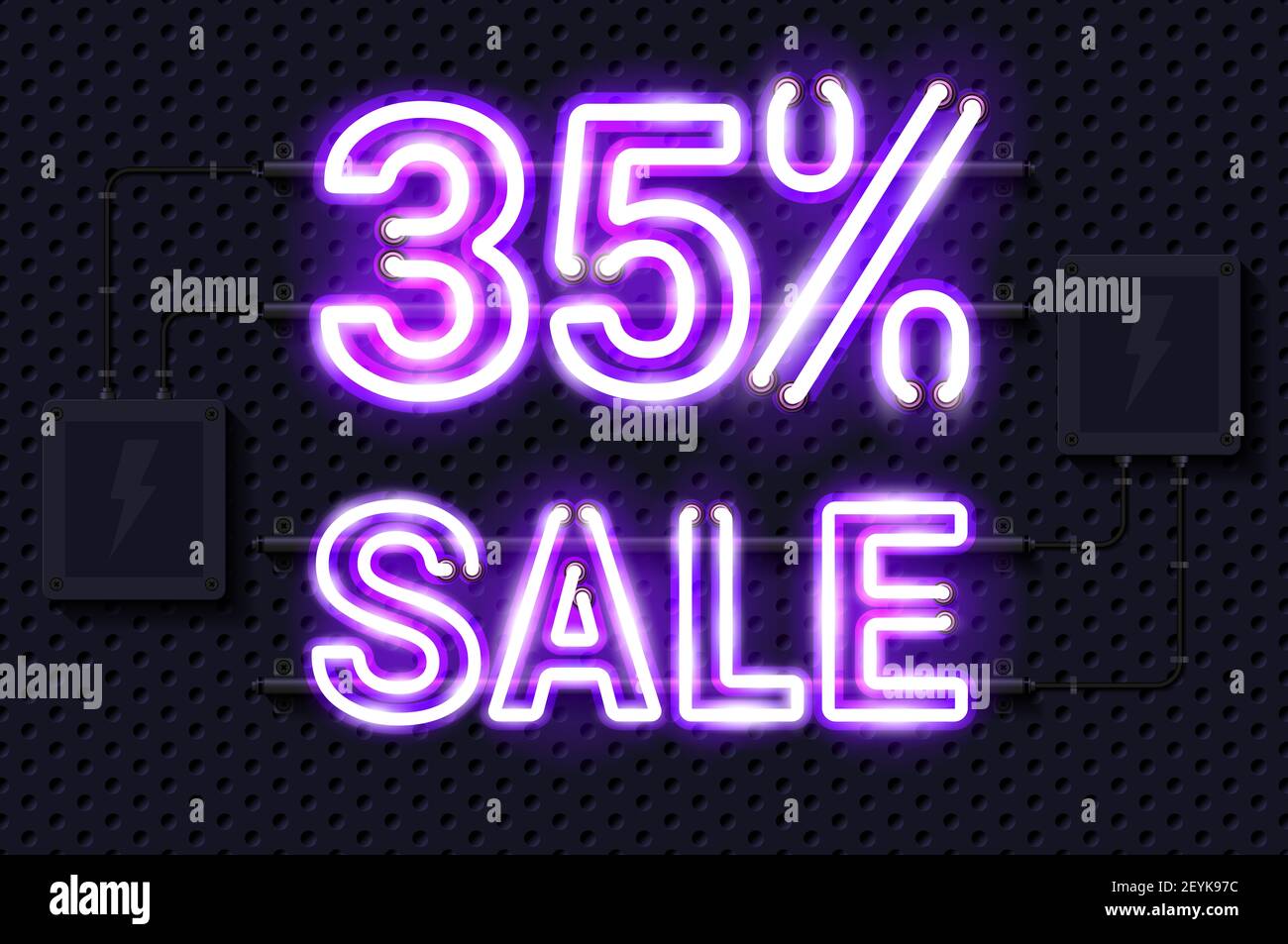 35 percent SALE glowing purple neon lamp sign. Realistic illustration ...