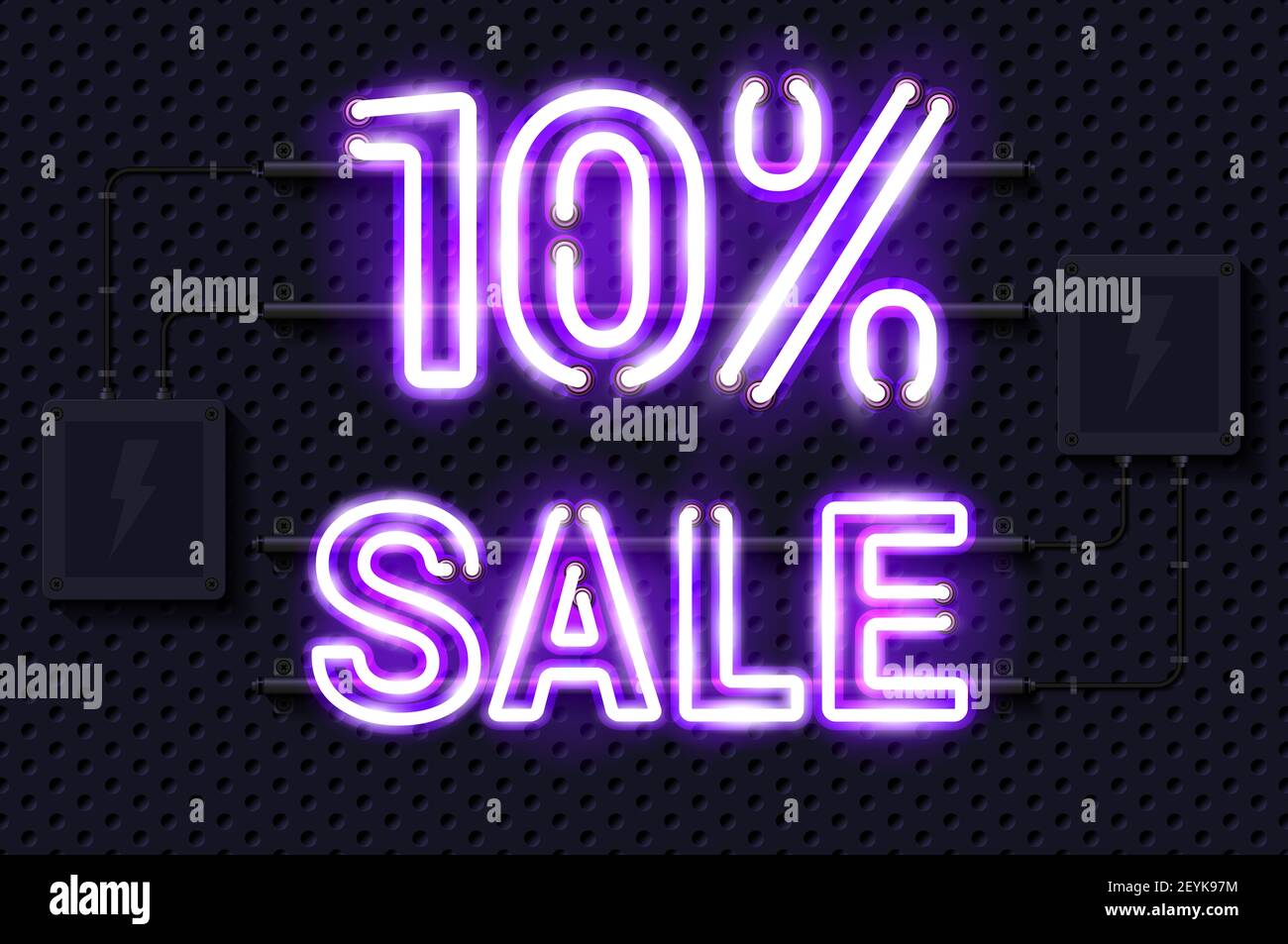 10 percent SALE glowing purple neon lamp sign. Realistic illustration ...