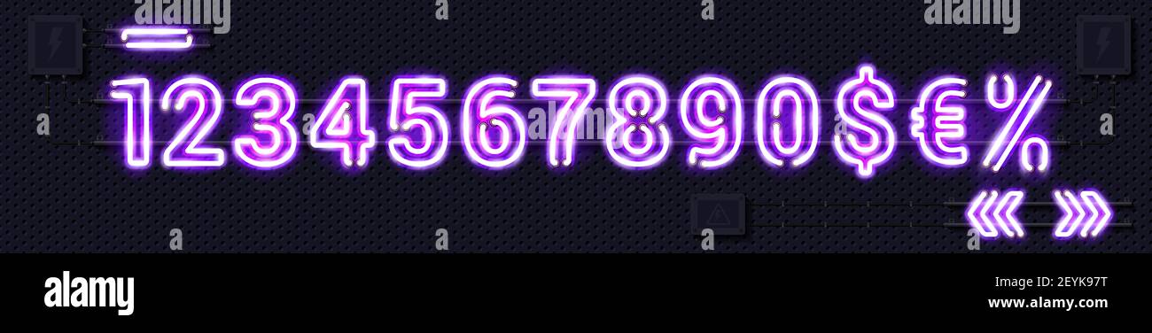 Neon numbers and currency signs glowing purple lamp. Realistic ...
