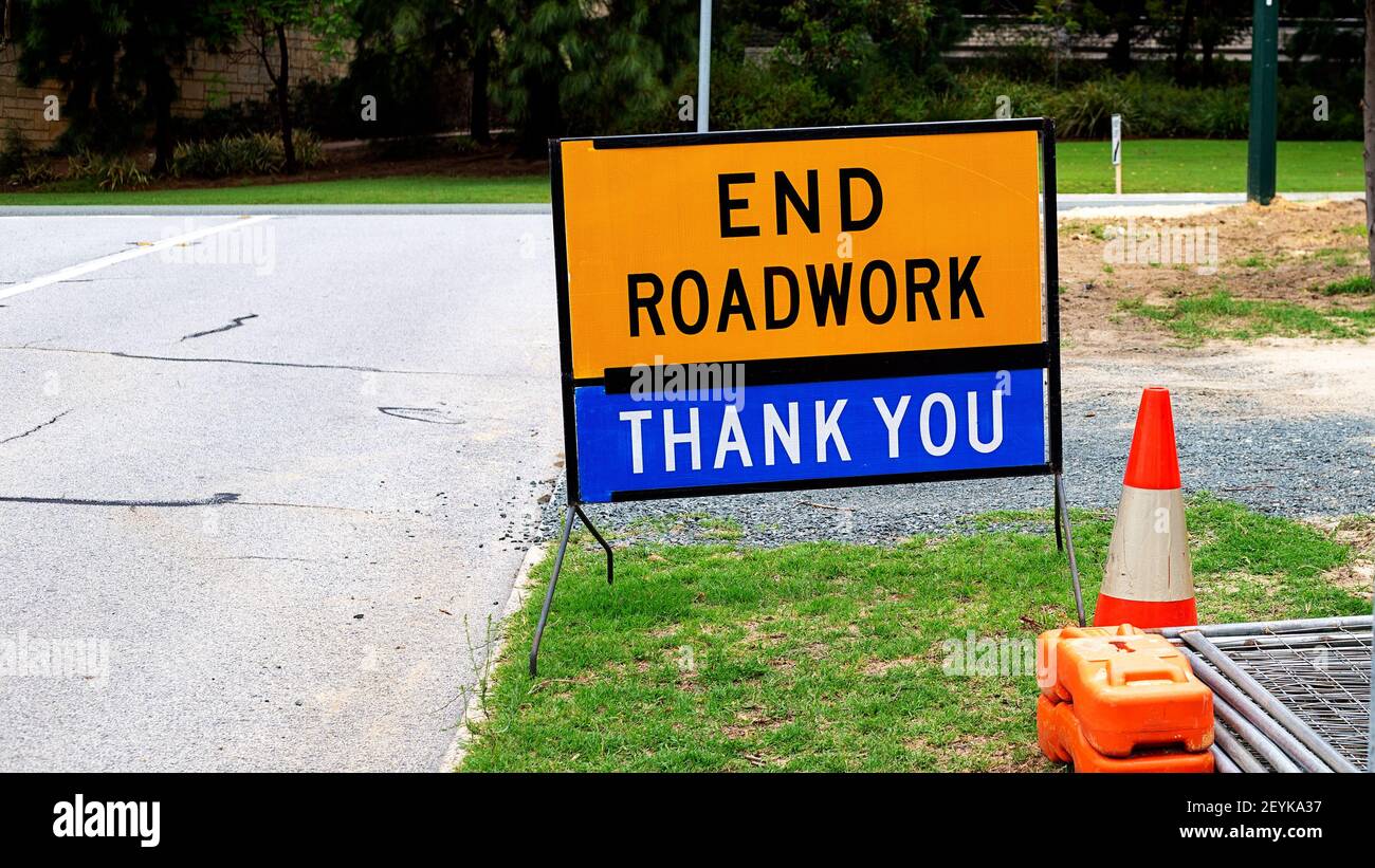 Works end thank road sign hi-res stock photography and images - Alamy