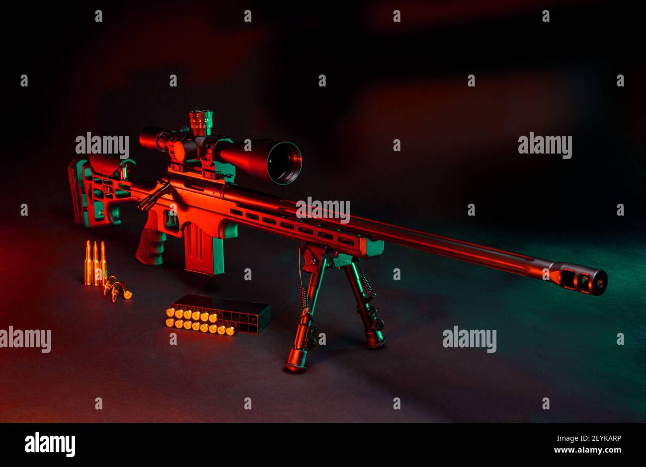 Modern powerful sniper rifle with a telescopic sight mounted on a bipod ...