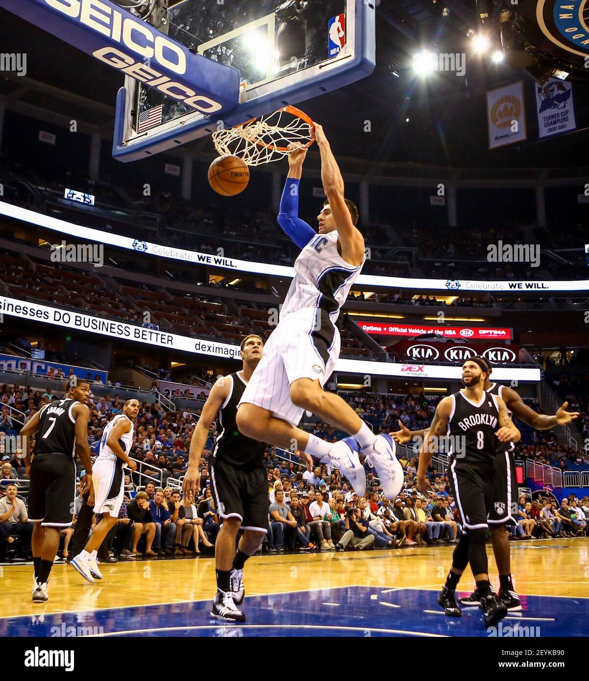 Orlando Magic center Nikola Vucevic (9) dunks against the Brooklyn Nets ...
