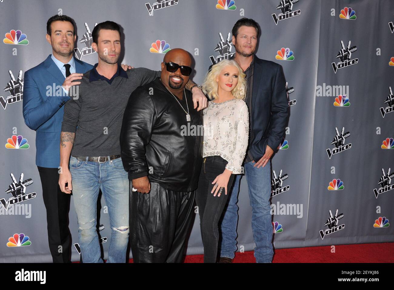 L-R: Carson Daly, Adam Levine, Cee Lo Green, Christina Aguilera, Blake ...