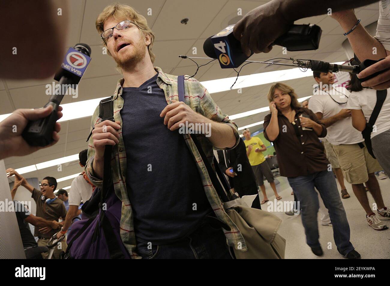 Miami Herald reporter Jim Wyss speaks to members of the media upon his ...