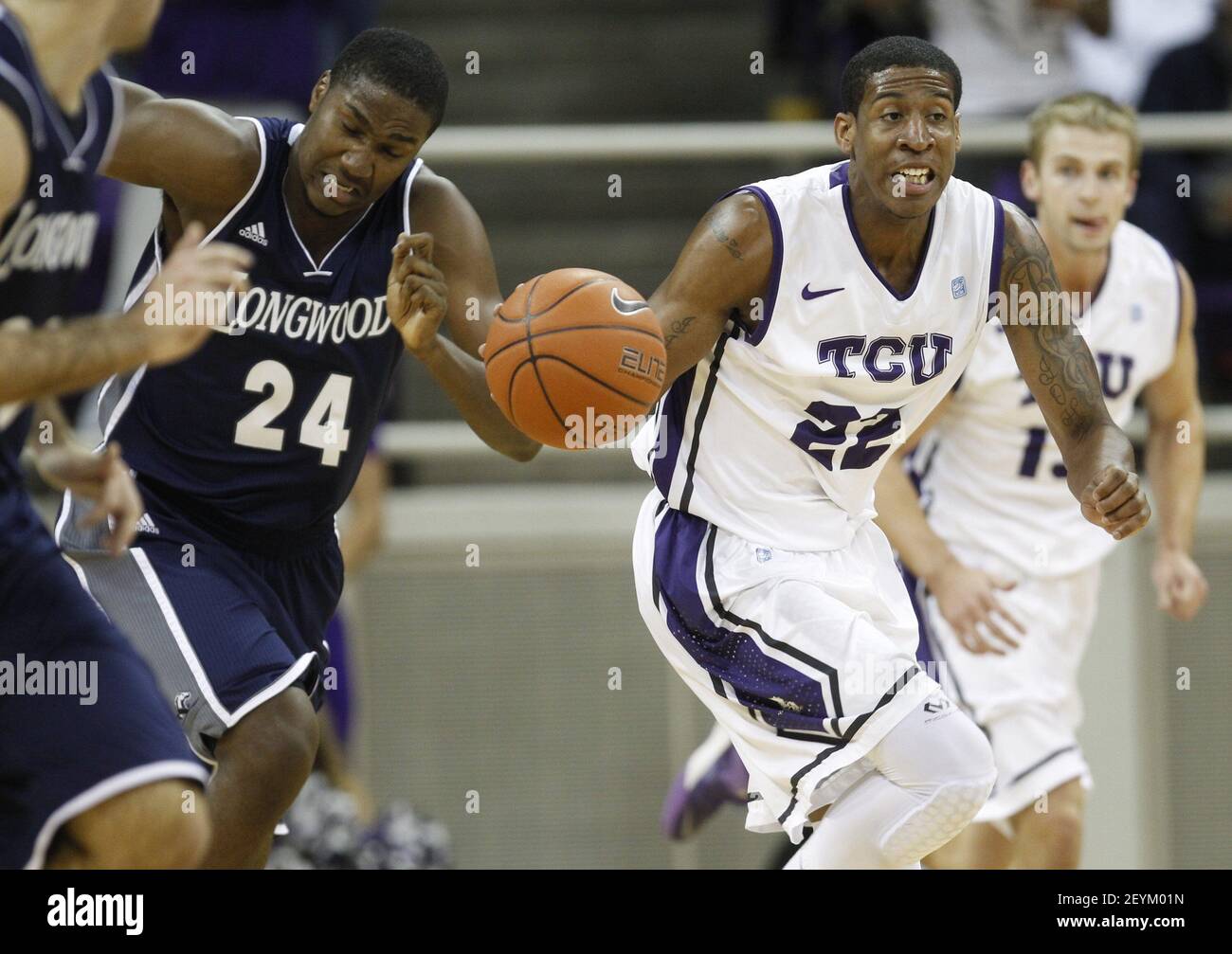 Jarvis Ray (22) of the TCU Horned Frogs brings the ball up court ...