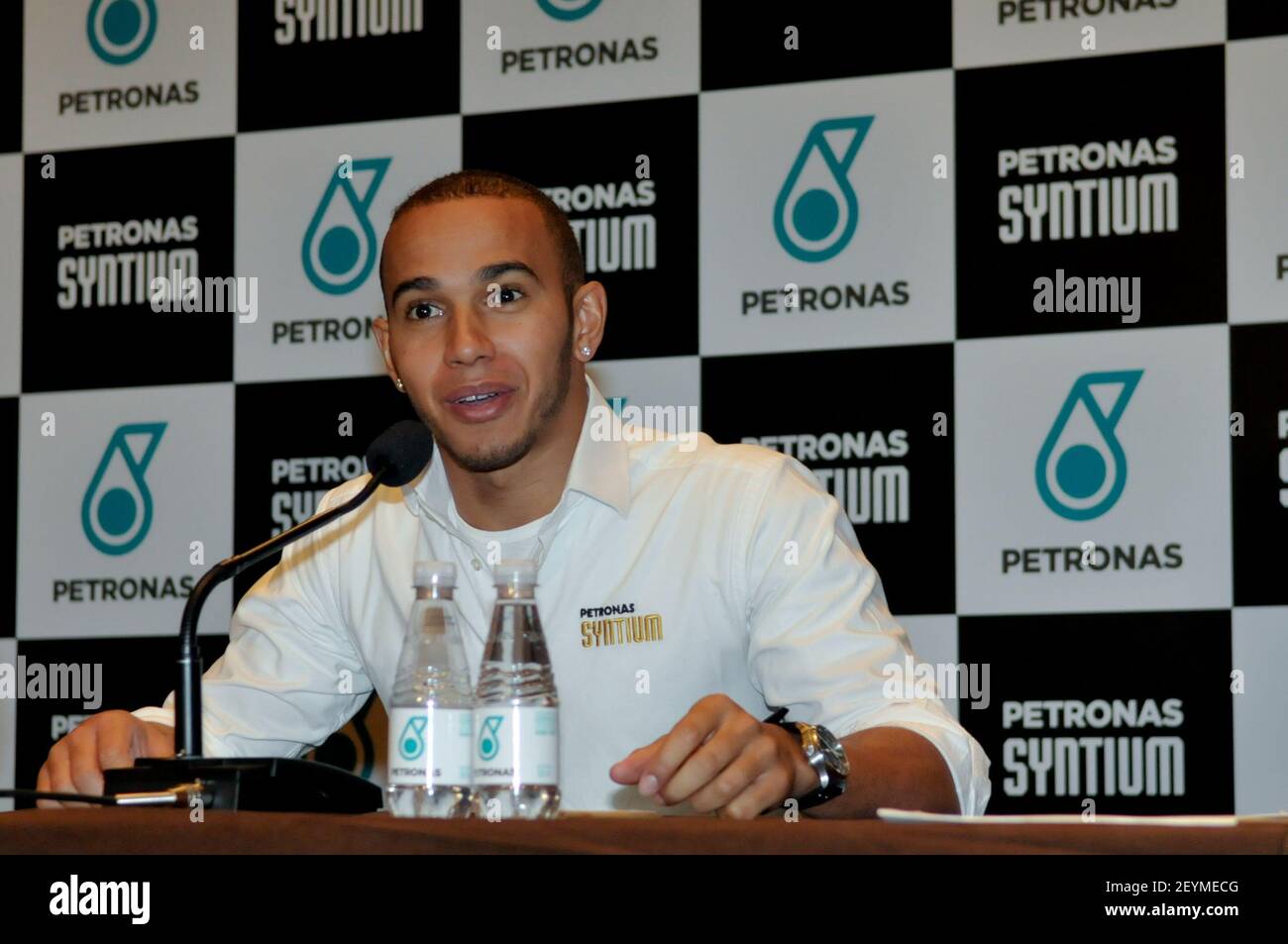British Formula One racing driver Lewis Hamilton during a press ...