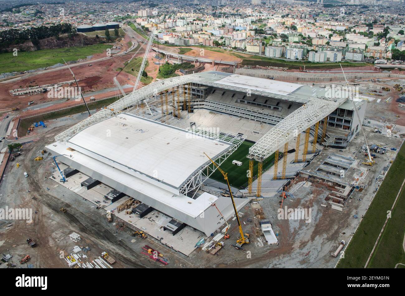 Aerial view of the construction of Arena Corinthians stadium in Sao ...