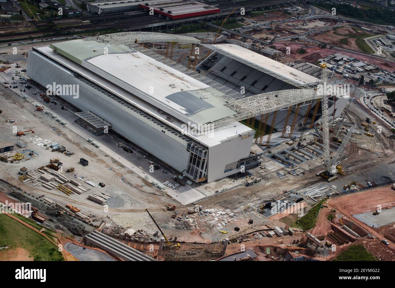 Aerial view of the construction of Arena Corinthians stadium in Sao ...