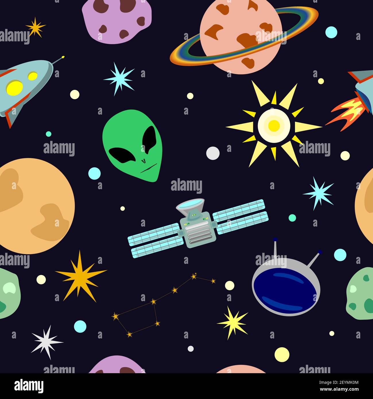vector space seamless pattern in cartoon style with aliens, rocket ...