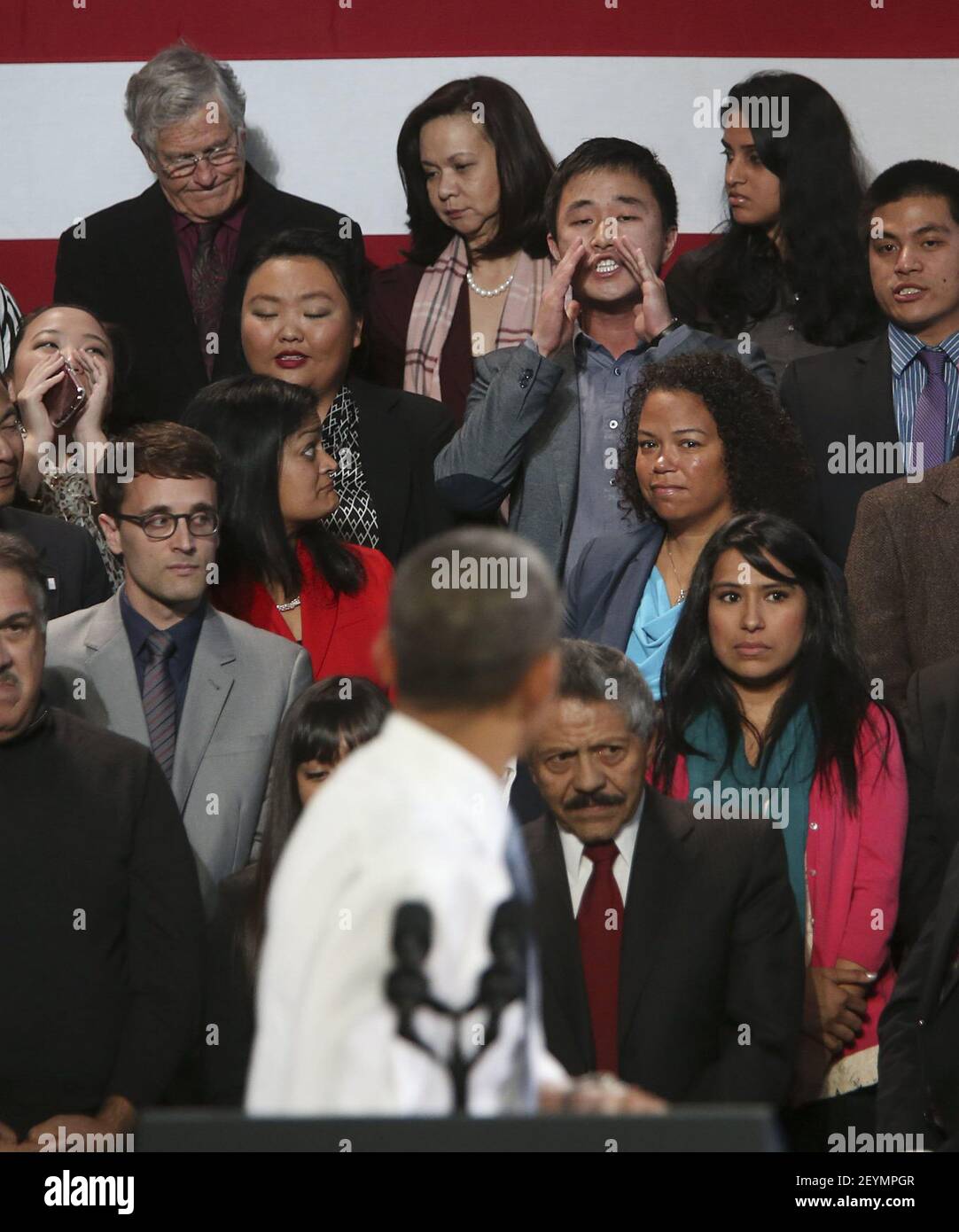 Ju Hong, 24, of South Korea interrupts President Barack Obama during ...