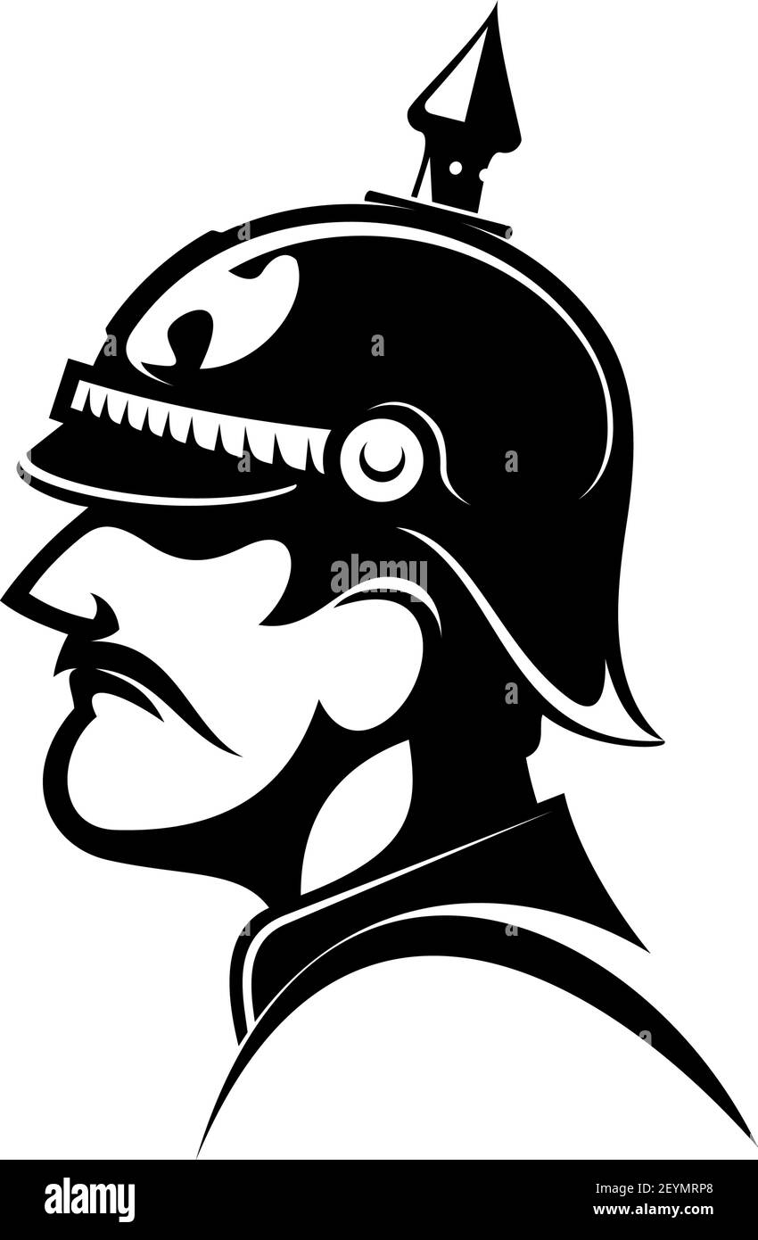 Brave general of prussian army in spiked helmet isolated side view head ...