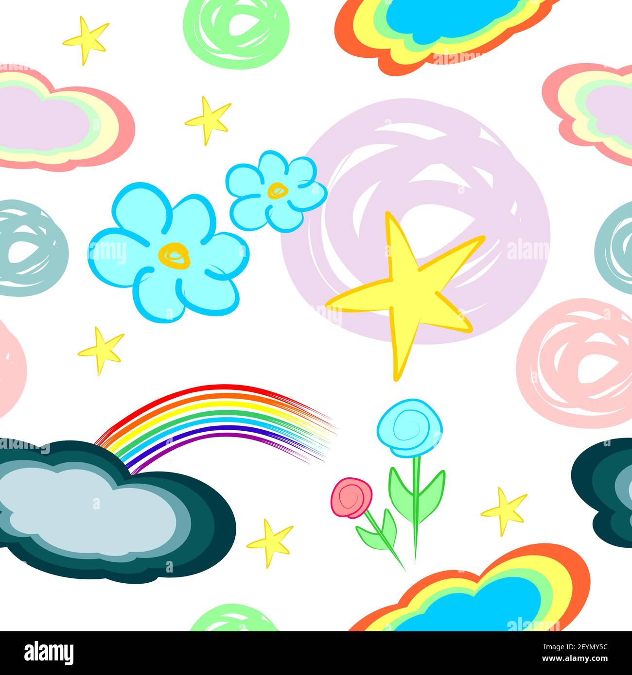 Vector colorful cartoon background with rainbow, flowers, stars and ...