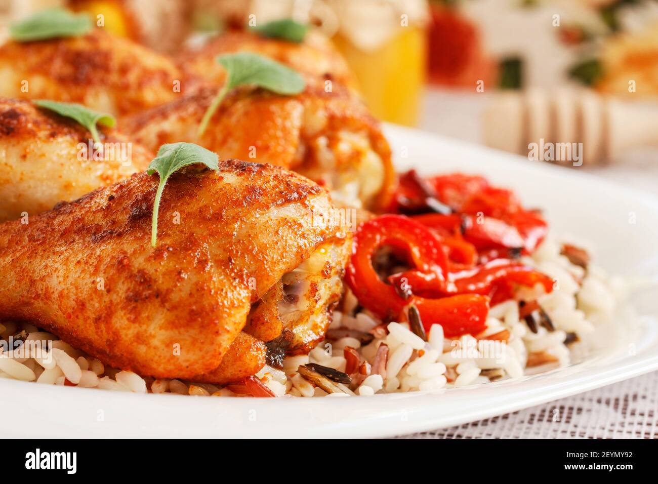 Indian cuisine: roasted chicken with rice and vegetables. Party dish ...