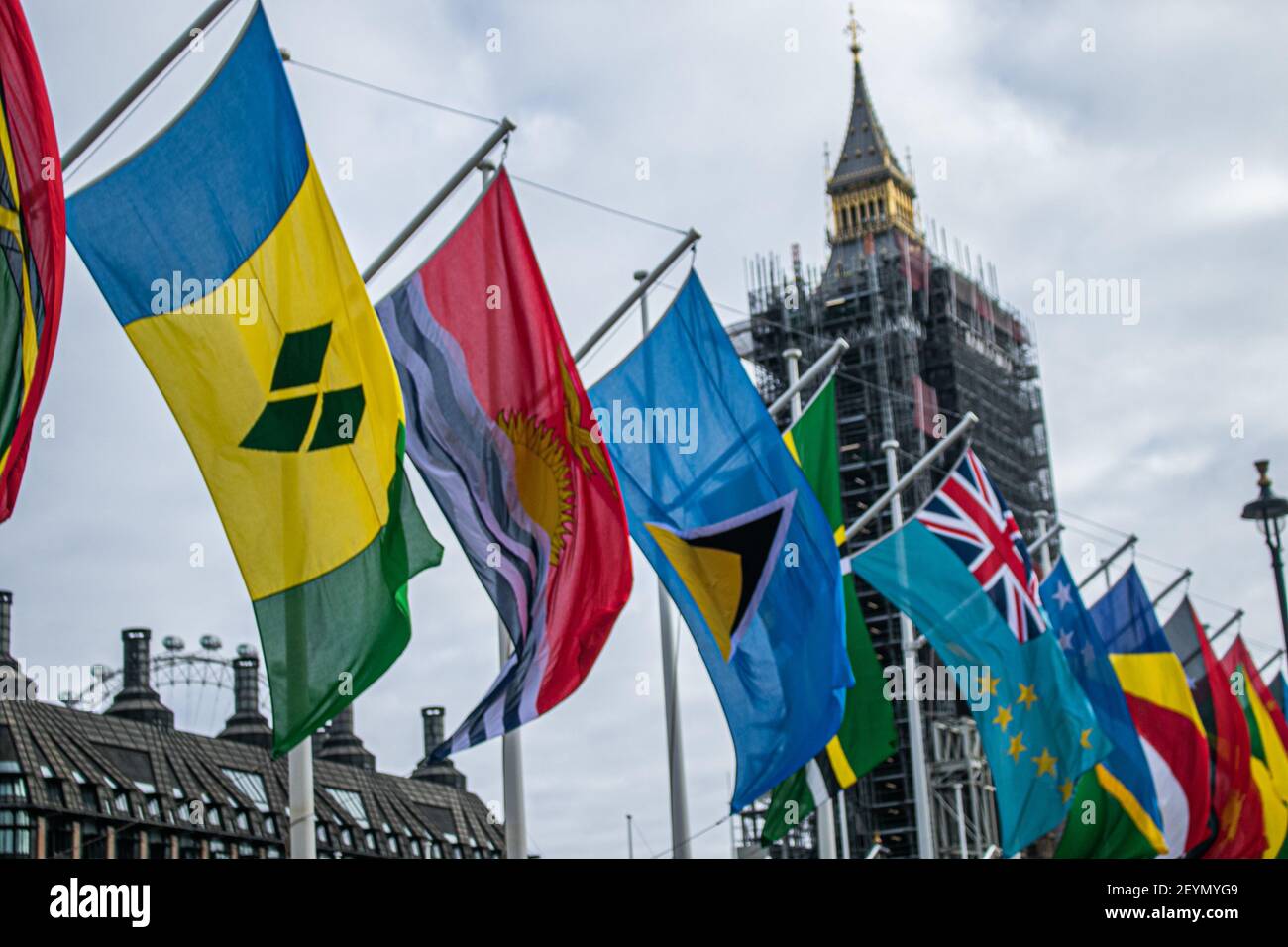 WESTMINSTER LONDON, UK 6 March 2021. Flags of the commonwealth nations ...