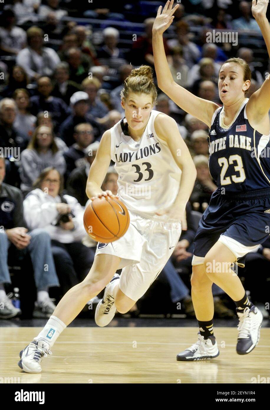 Penn State's Maggie Lucas (33) dribbles around Notre Dame's Michaela ...