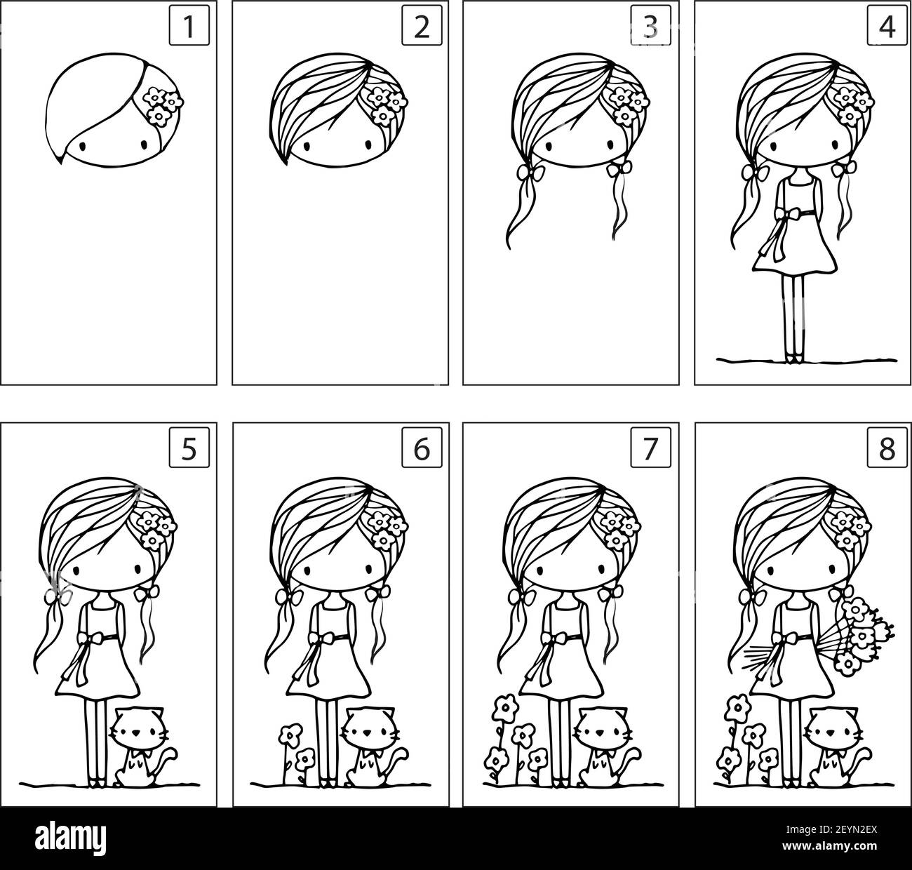 vector cartoon learn drawing girl and cat step by step Stock Vector ...