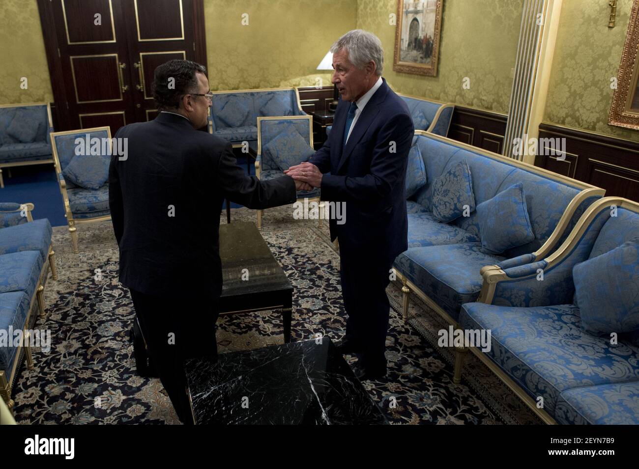 Secretary of Defense Chuck Hagel greets Egyptian Foreign Minister Nabil ...