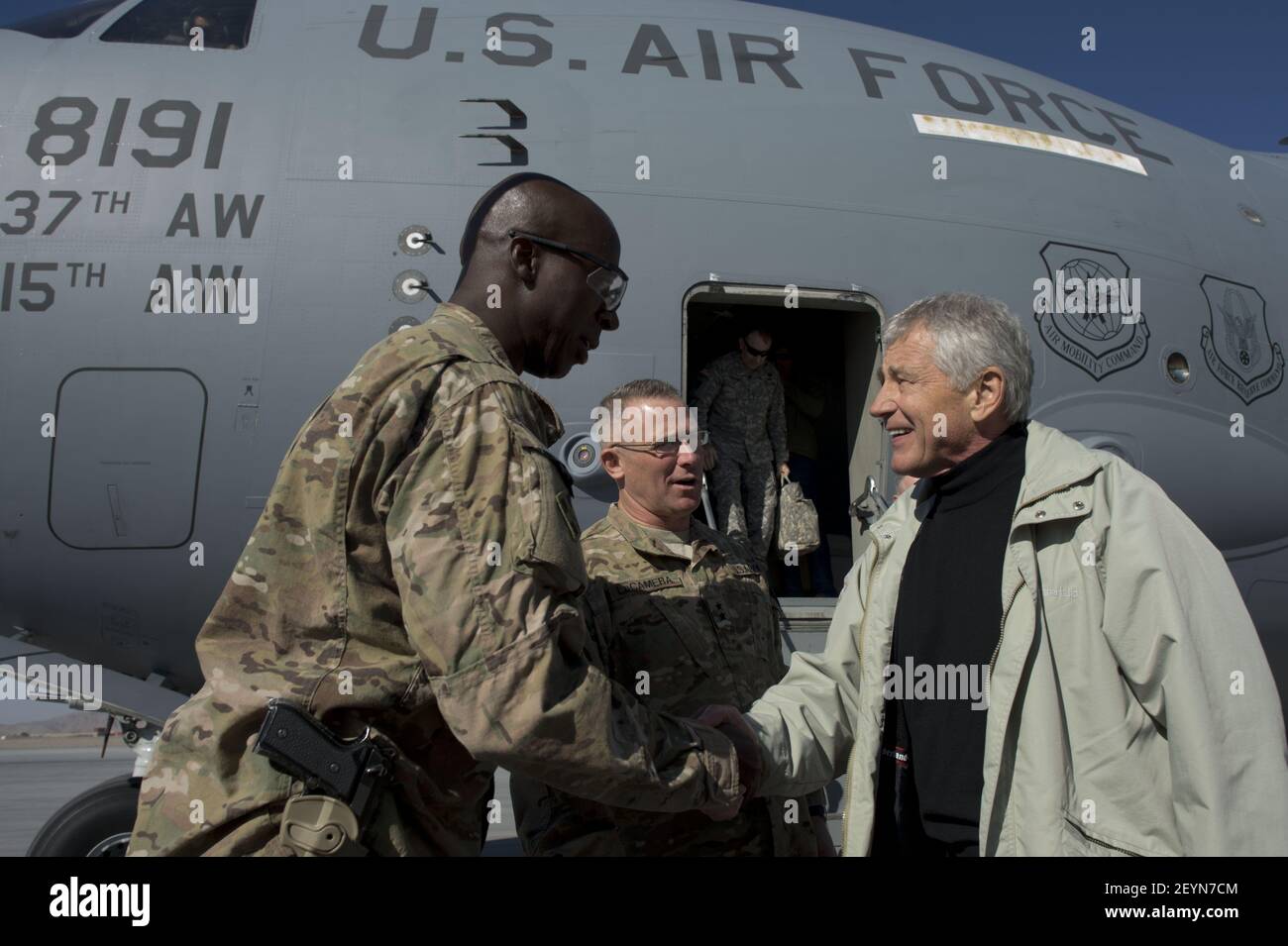 Secretary of Defense Chuck Hagel greets Regional Command Sergeant Major ...