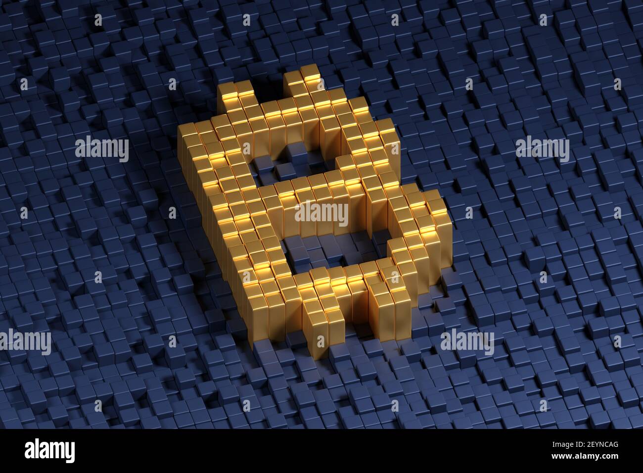 Bitcoin symbol formed with golden cubes on a dark background. 3d ...