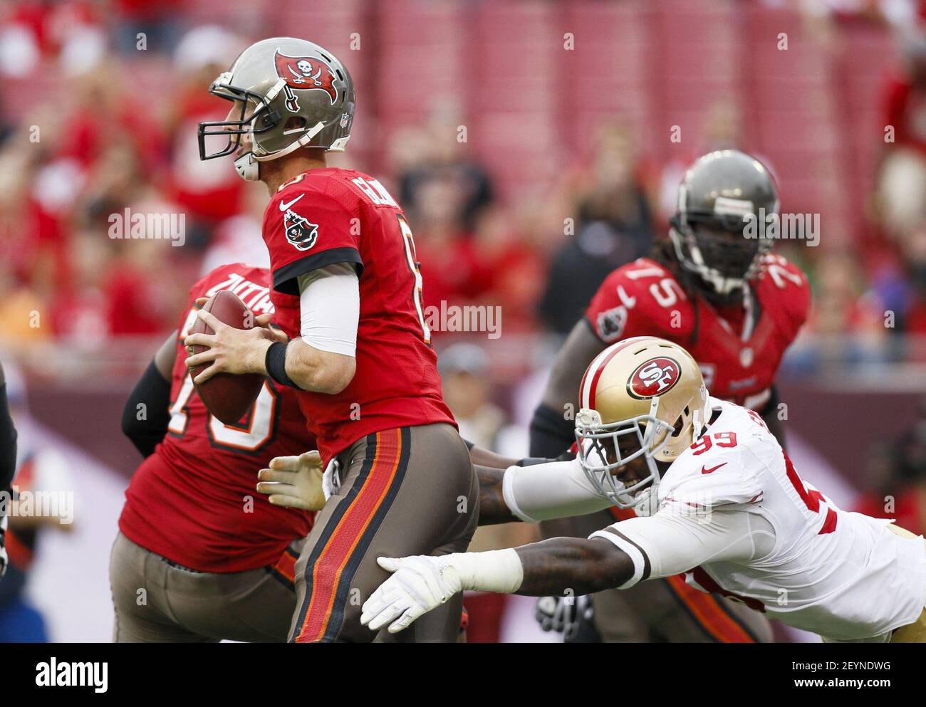 Tampa Bay Buccaneers quarterback Mike Glennon (8) gets sacked by San ...