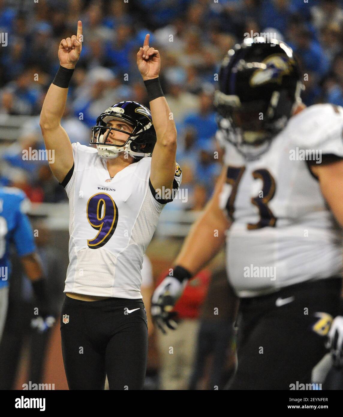 Baltimore Ravens kicker Justin Tucker, left, celebrates after a second ...