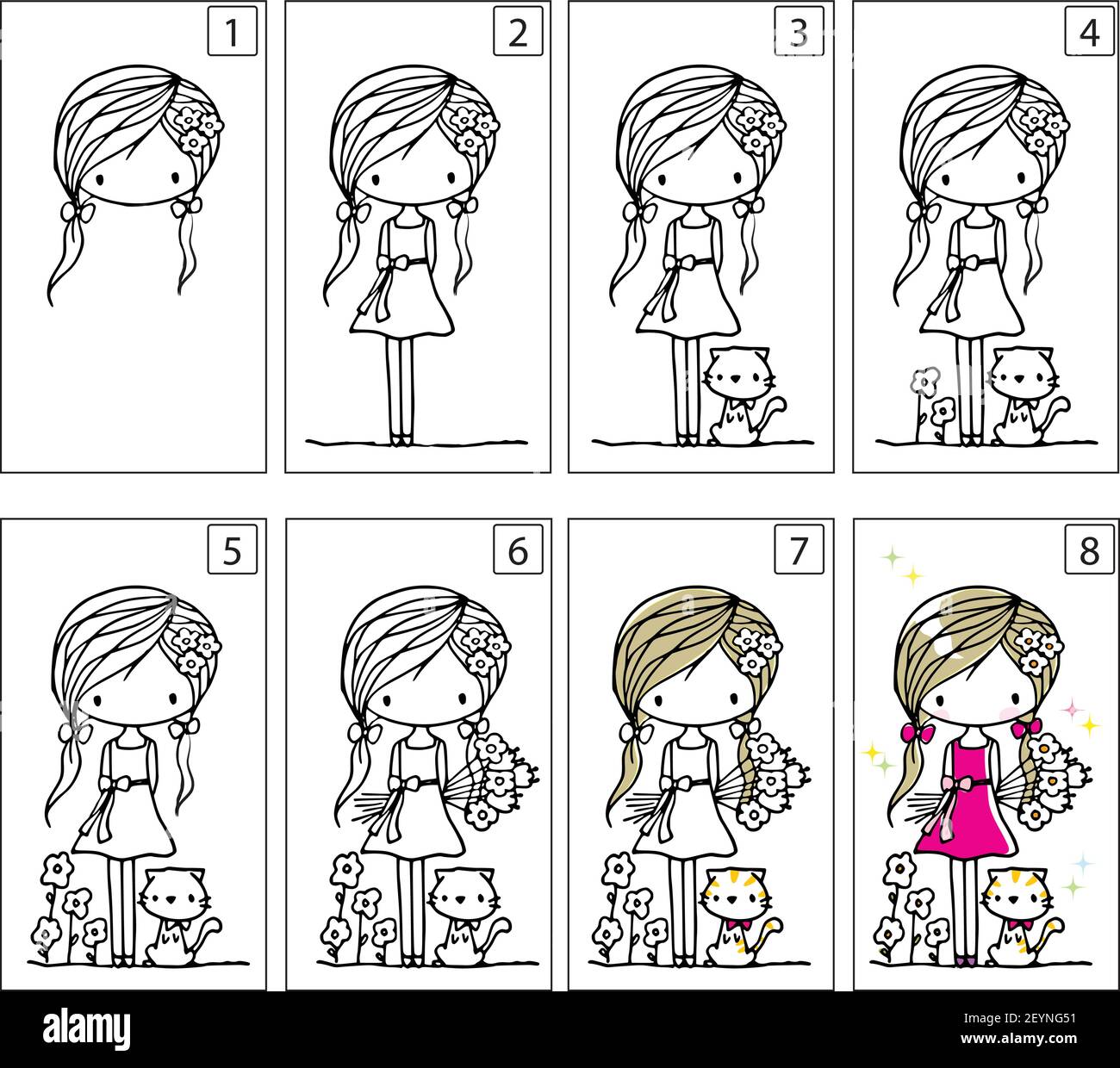 Vector cartoon learn drawing girl and cat step by step hi-res stock ...