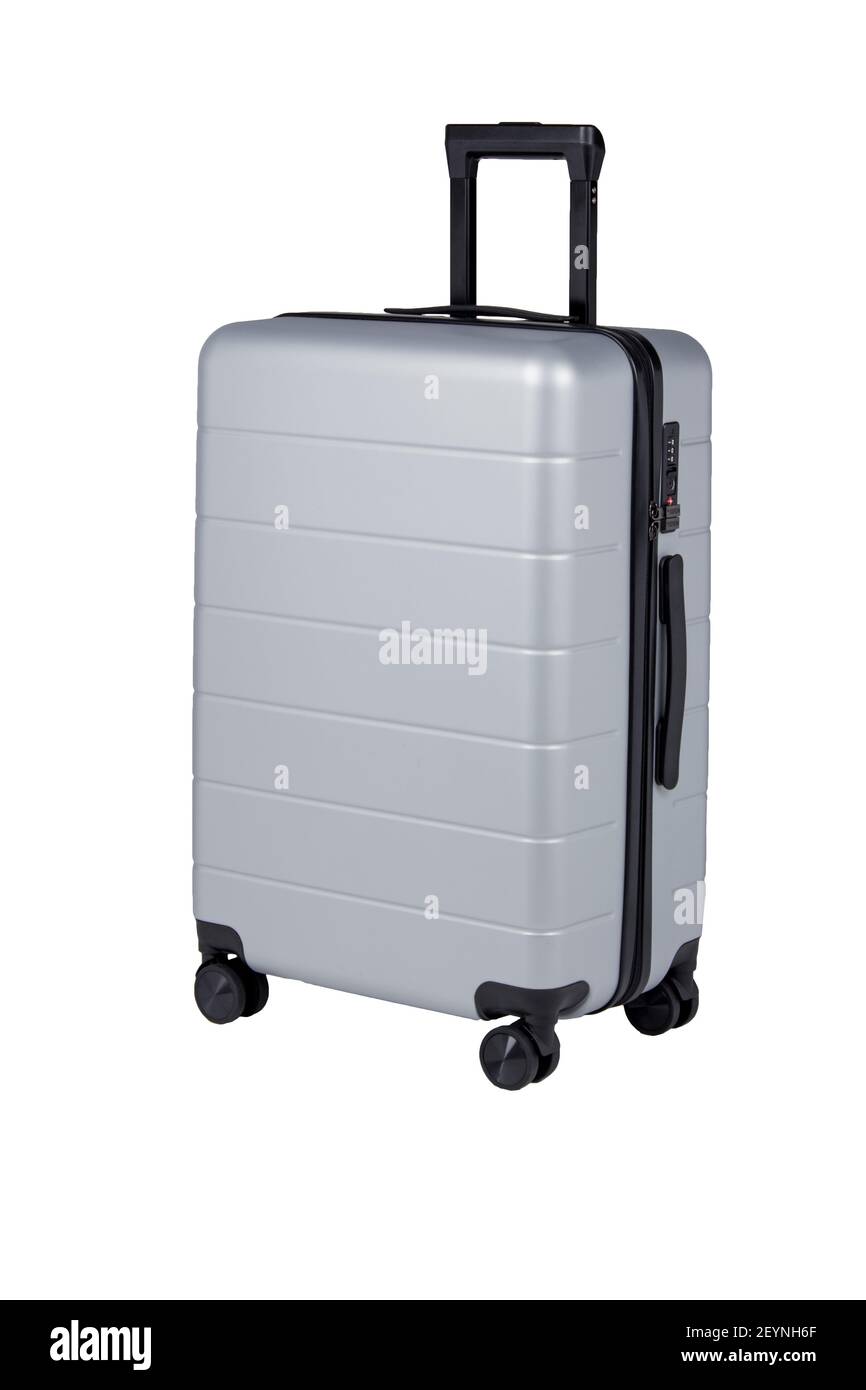 Gray suitcase for travel on an isolated white background. Three-quarter ...