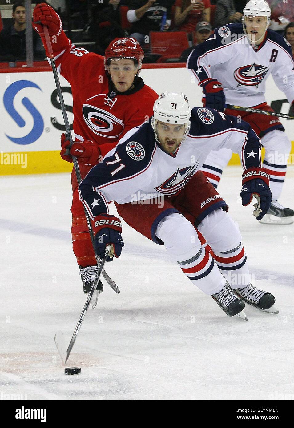 The Carolina Hurricanes' Jeff Skinner (53) and the Columbus Blue ...