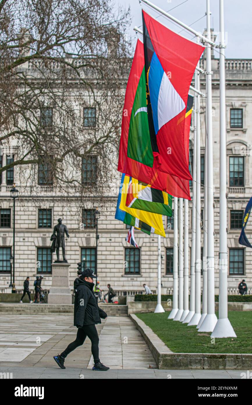 WESTMINSTER LONDON, UK 6 March 2021. Flags of the commonwealth nations ...