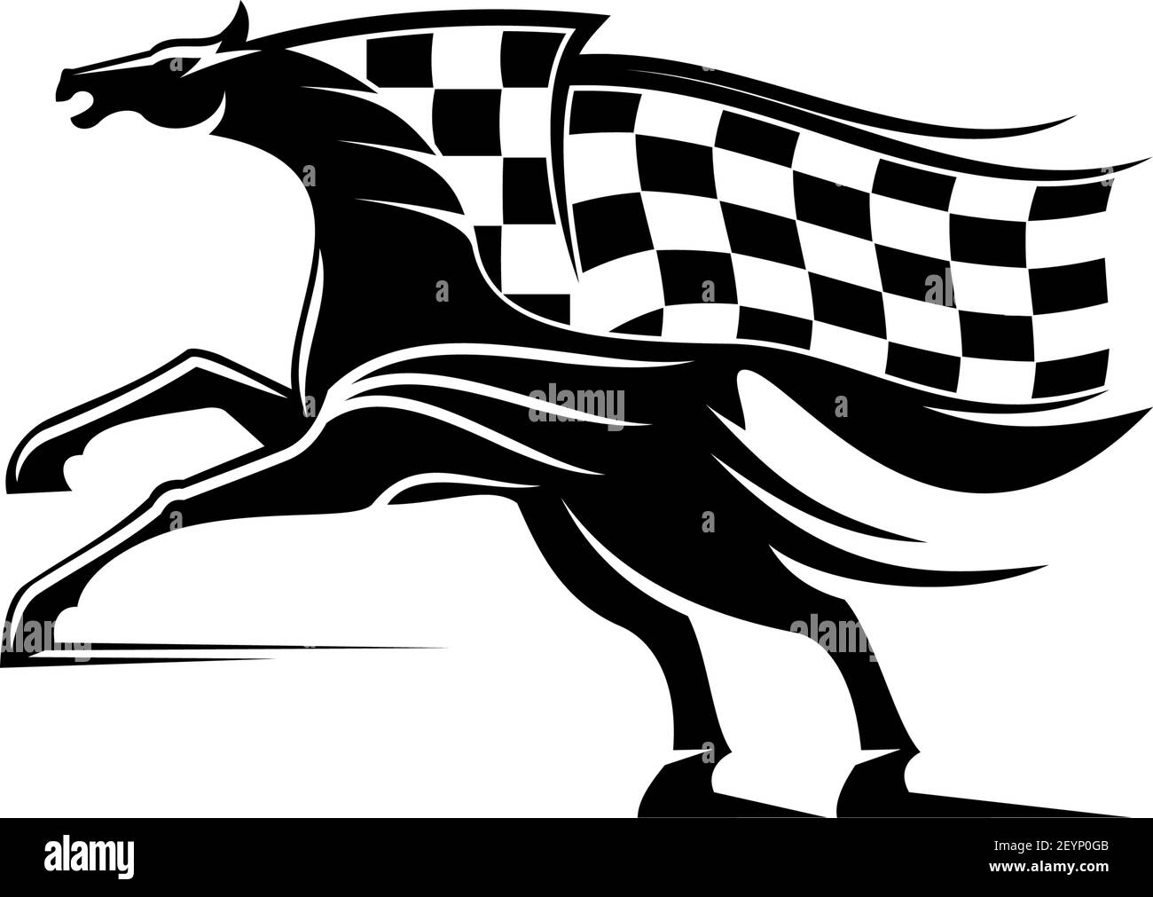 Horse race icon with checkered flag and stallion. Vector running ...