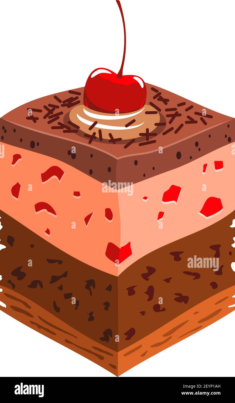 Layer chocolate cake topped by cherry isolated piece. Vector pastry ...