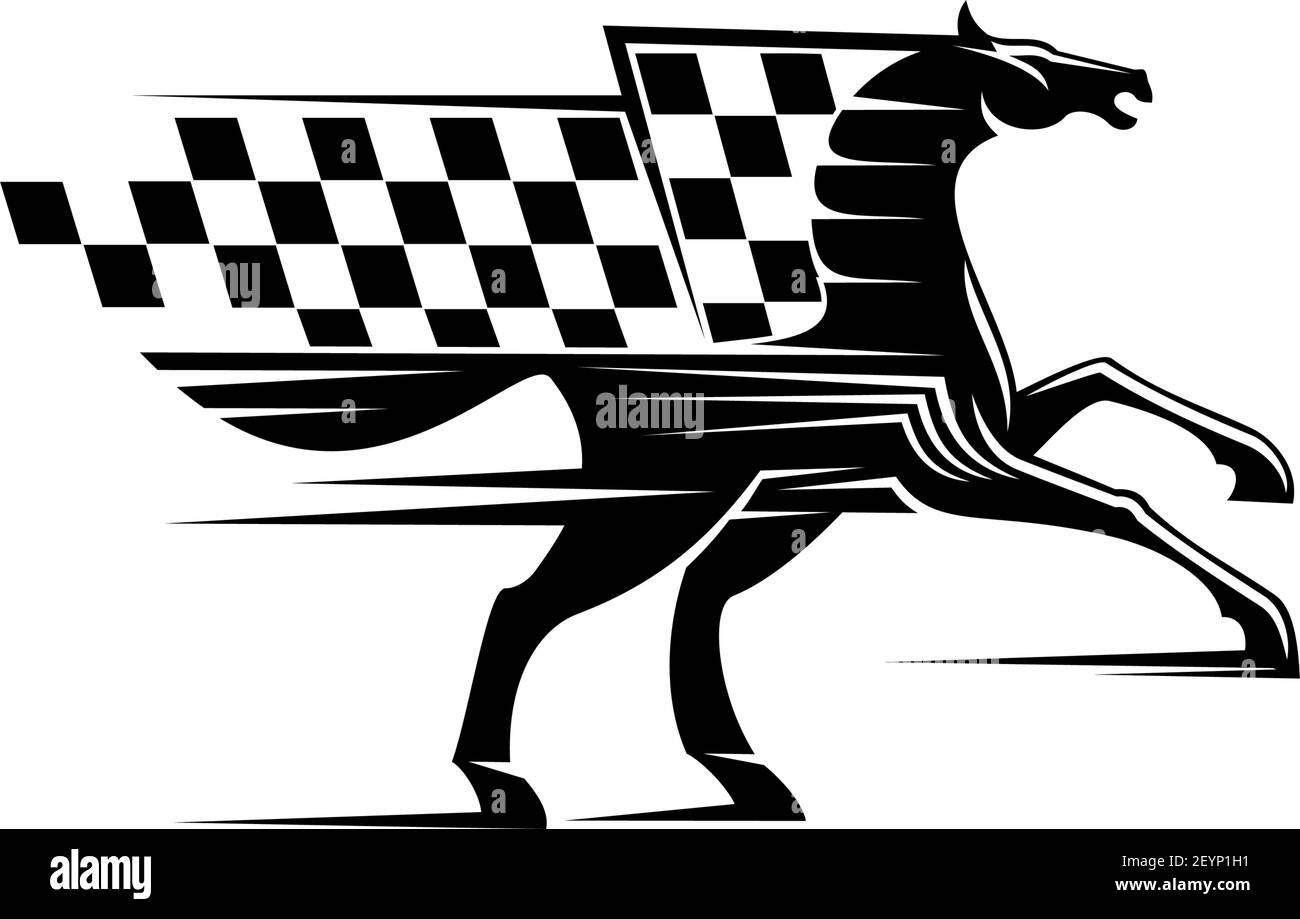 Horse race icon with checkered flag and stallion. Vector running ...