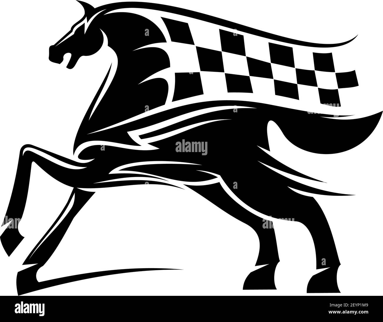 Horse race icon with checkered flag and stallion. Vector running ...