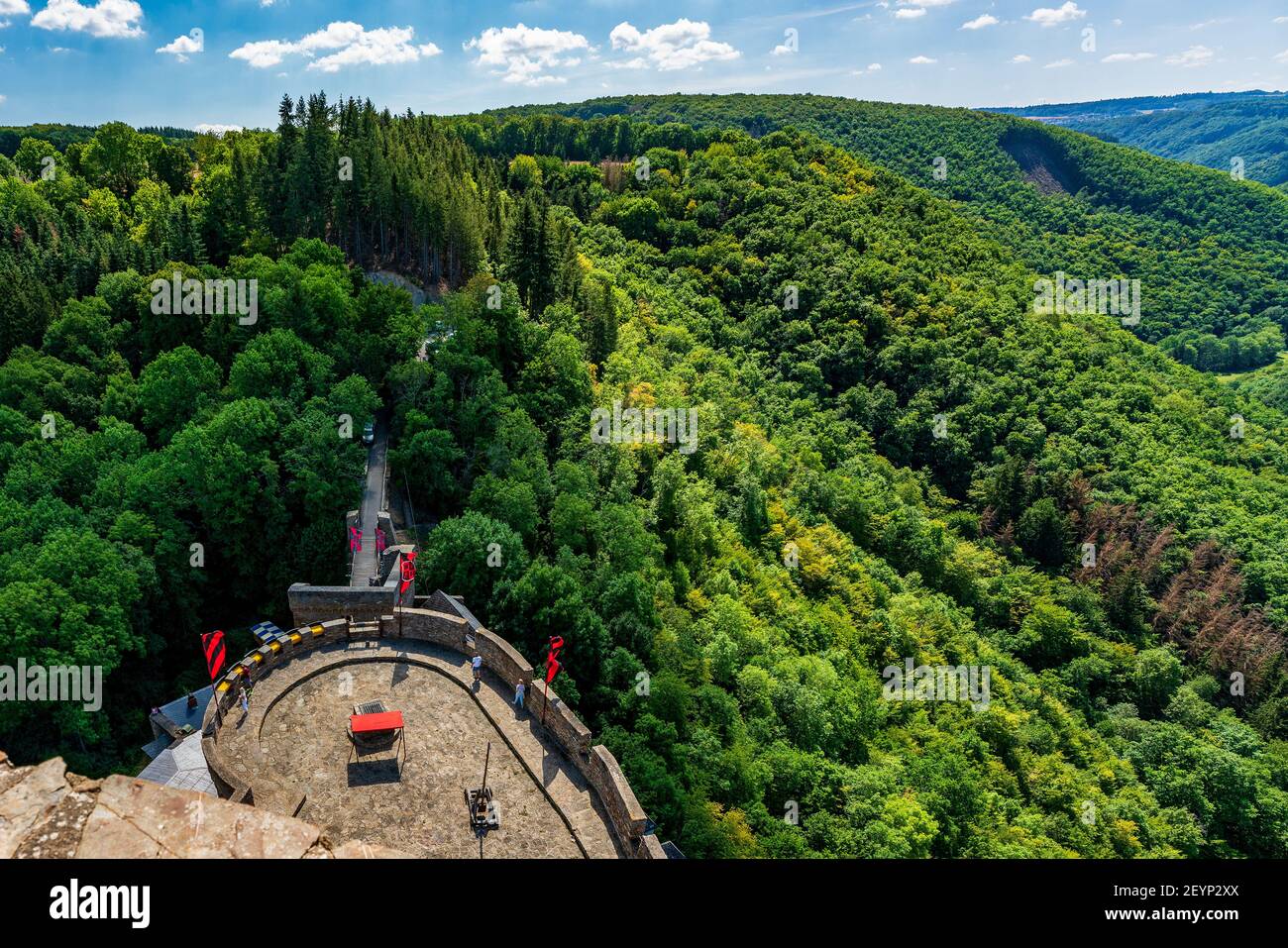 Panoramic view from the tower of a medieval castle on the Eifel ...