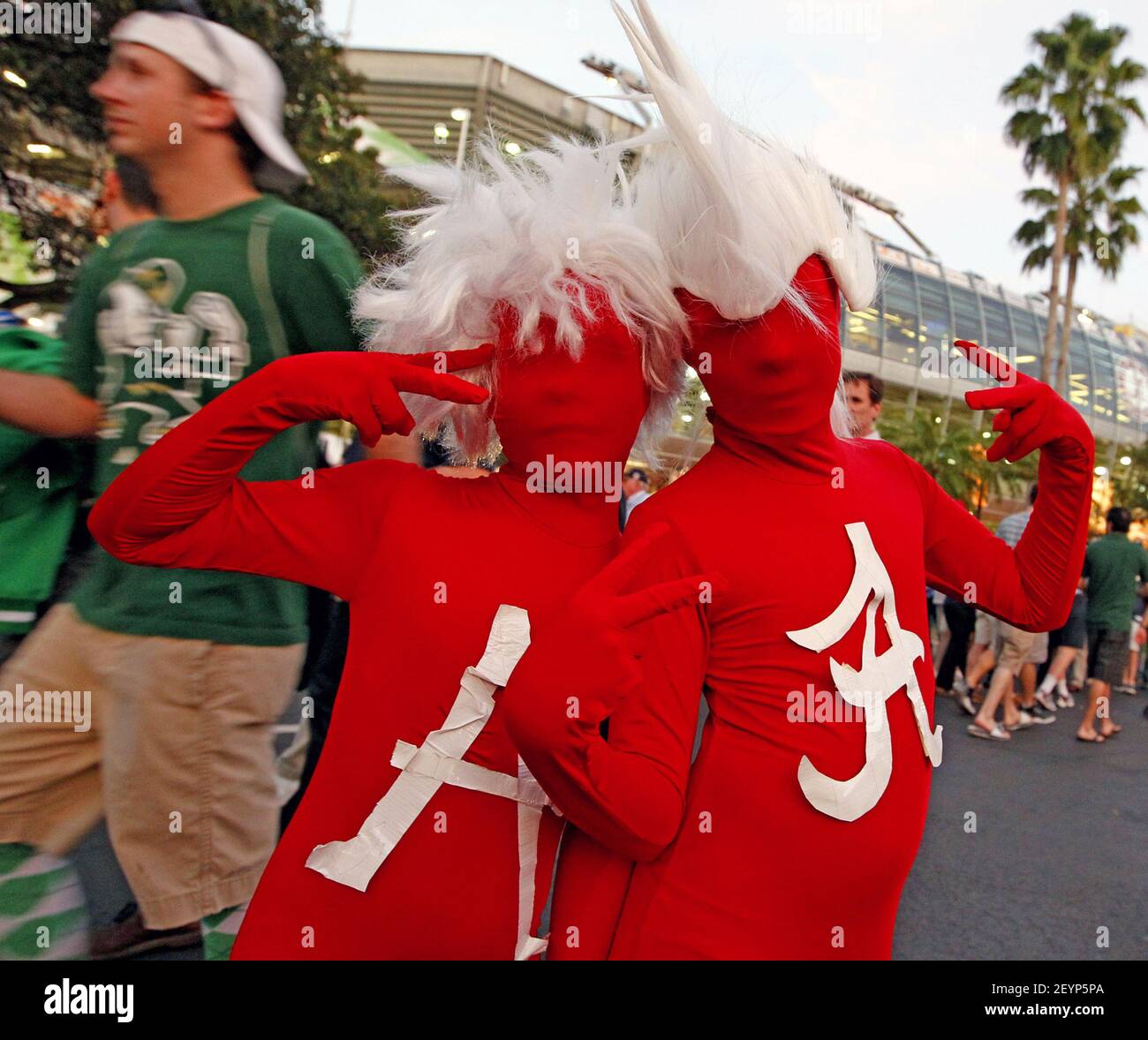 Alabama fans Morgan and Connor Eilers roam the area outside the stadium prior to the BCS ...
