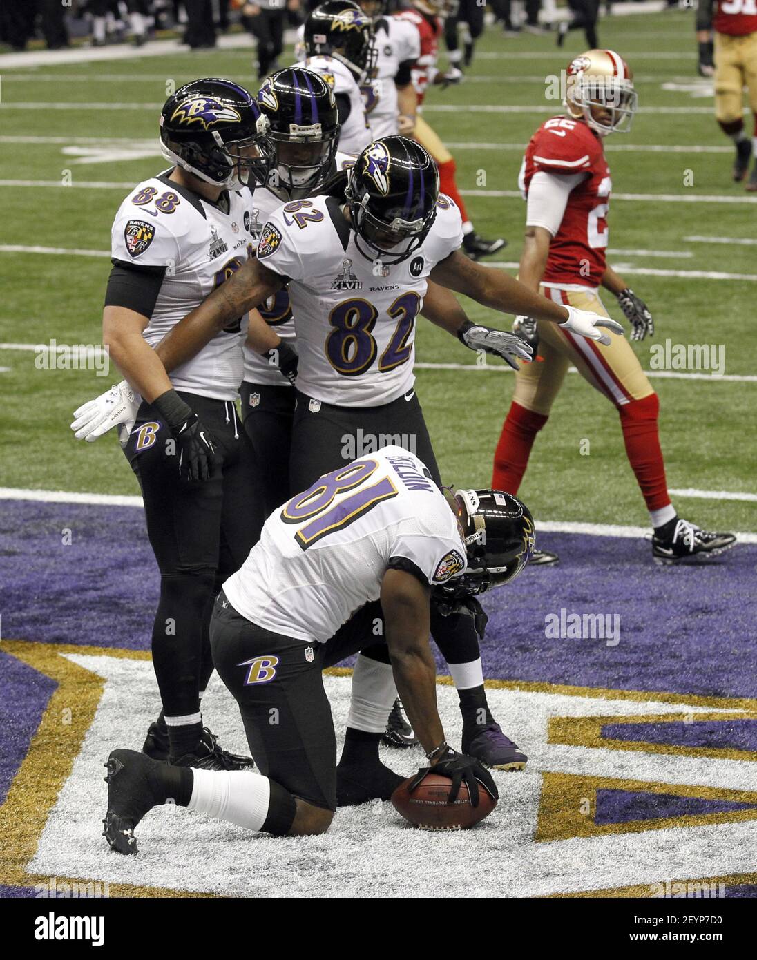 The Baltimore Ravens' Anquan Boldin (81) celebrates with his teammates ...