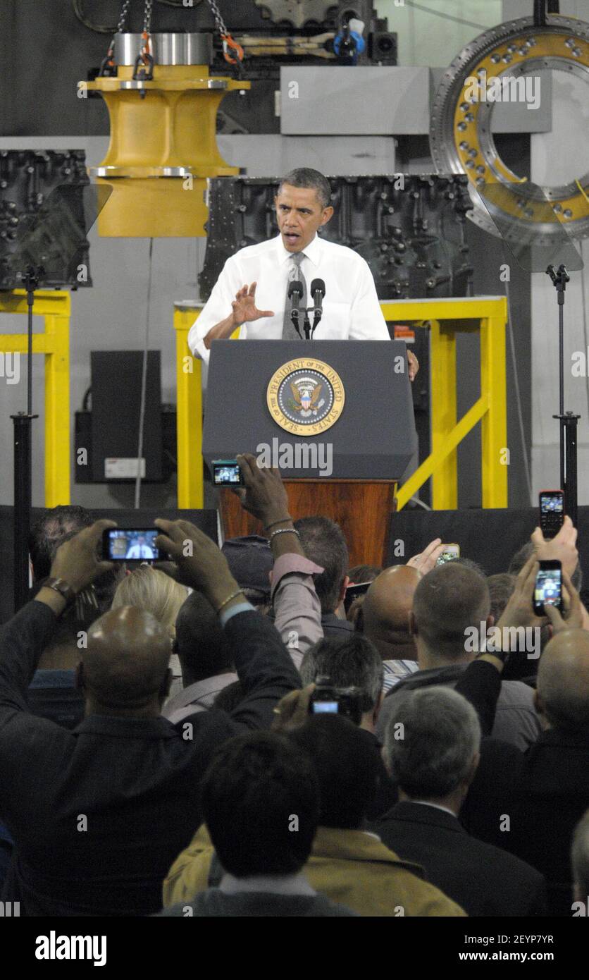 President Barack Obama speaks at the Linamar plant in Arden, North ...