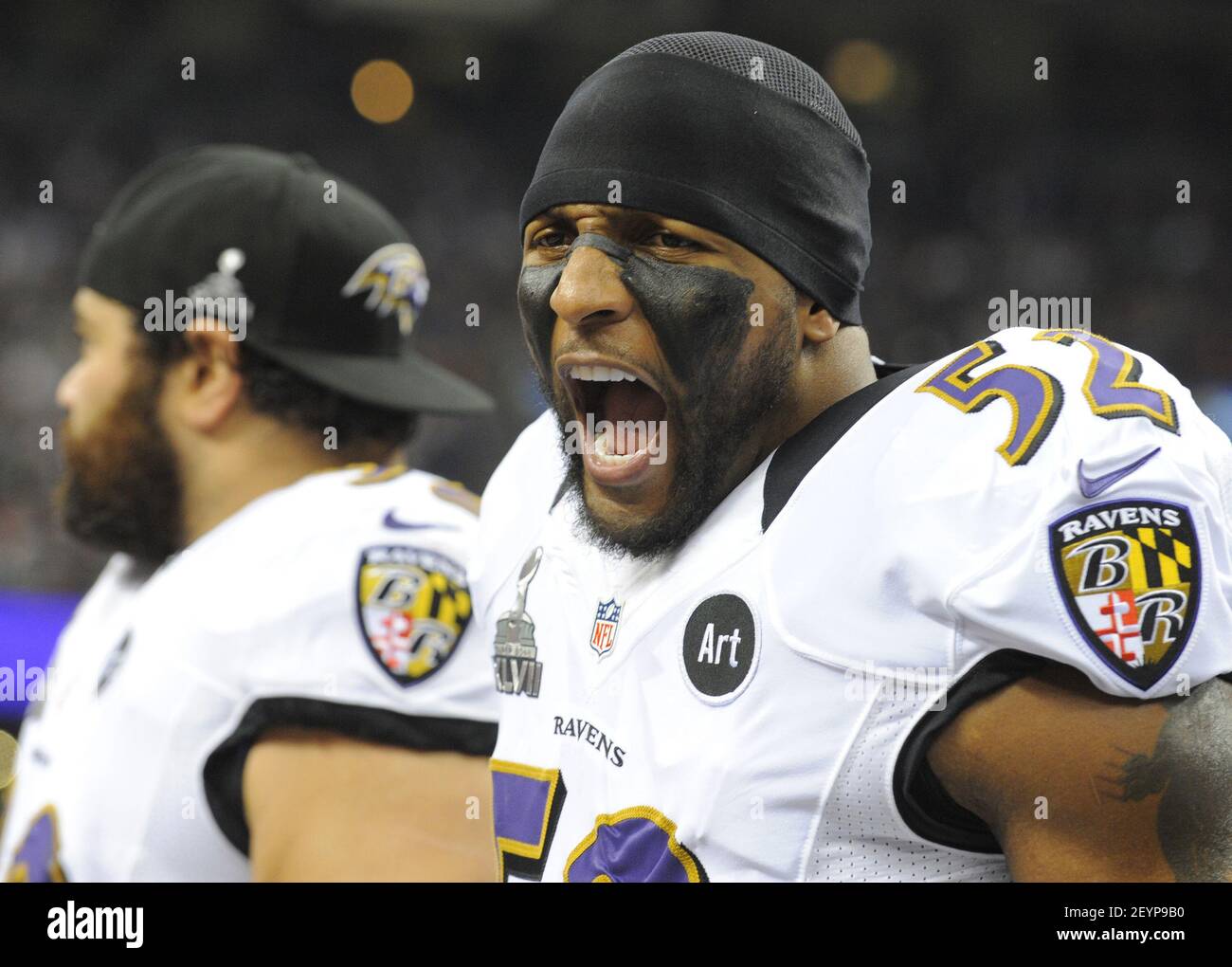 Ray Lewis of the Baltimore Ravens reacts before the start of Super Bowl ...