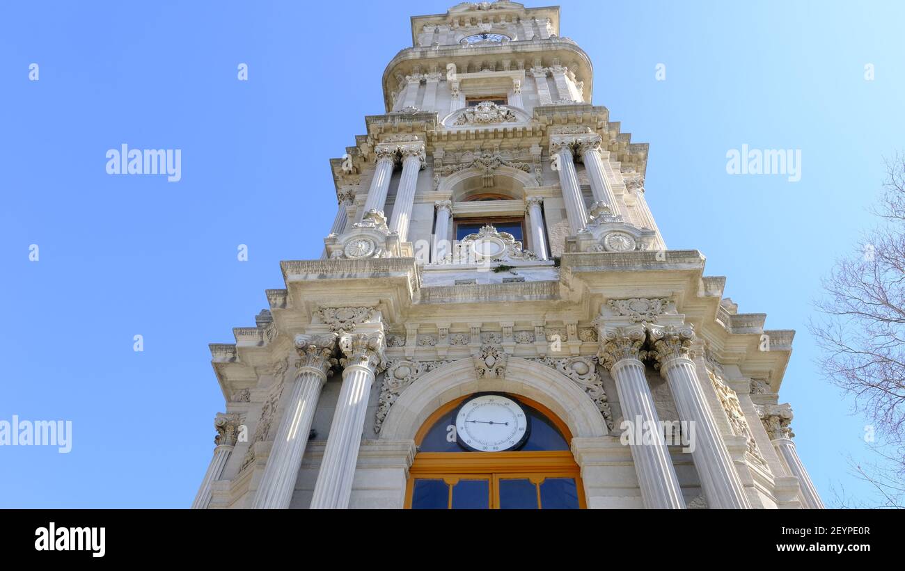 Old, ancient ottoman architecture and style clock tower in front of ...