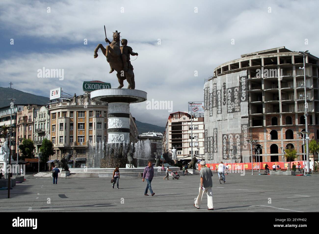 The statue of a Warrior on a Horse in the main square of Skopje ...