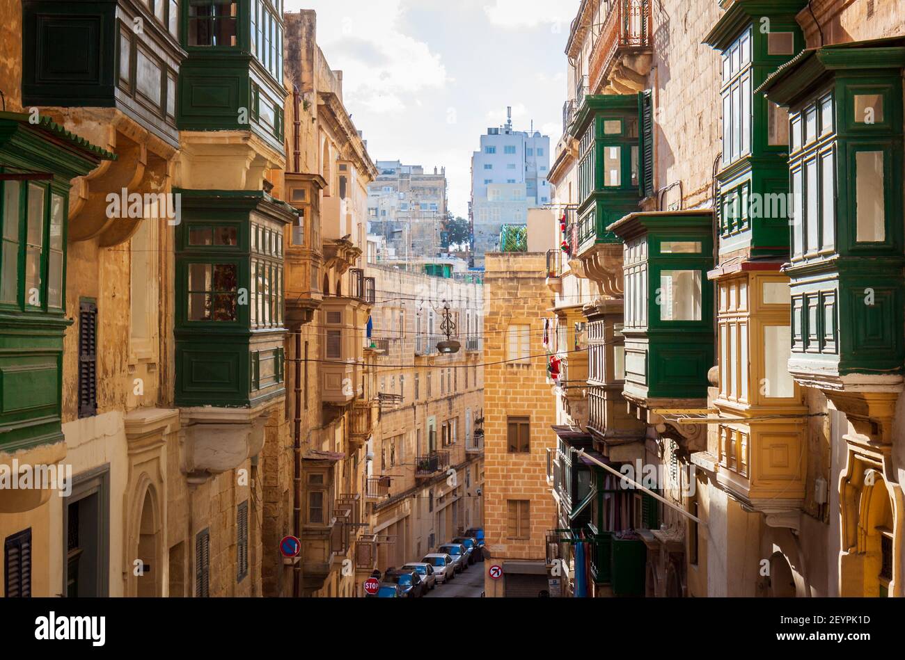 typical maltese street in valletta, malta, with balconies Stock Photo ...