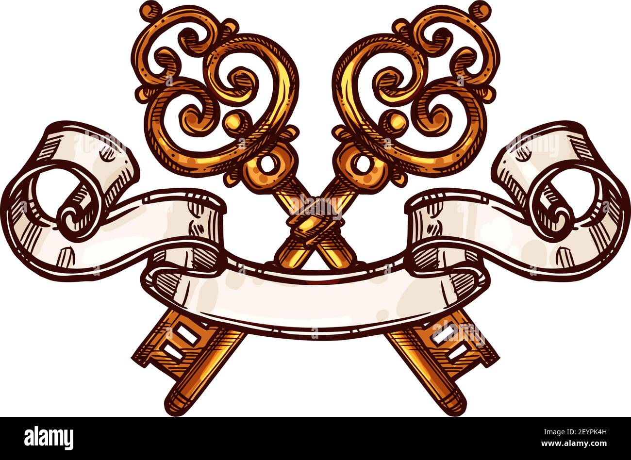 Vintage golden key with paper scroll isolated sketch. Vector heraldic ...