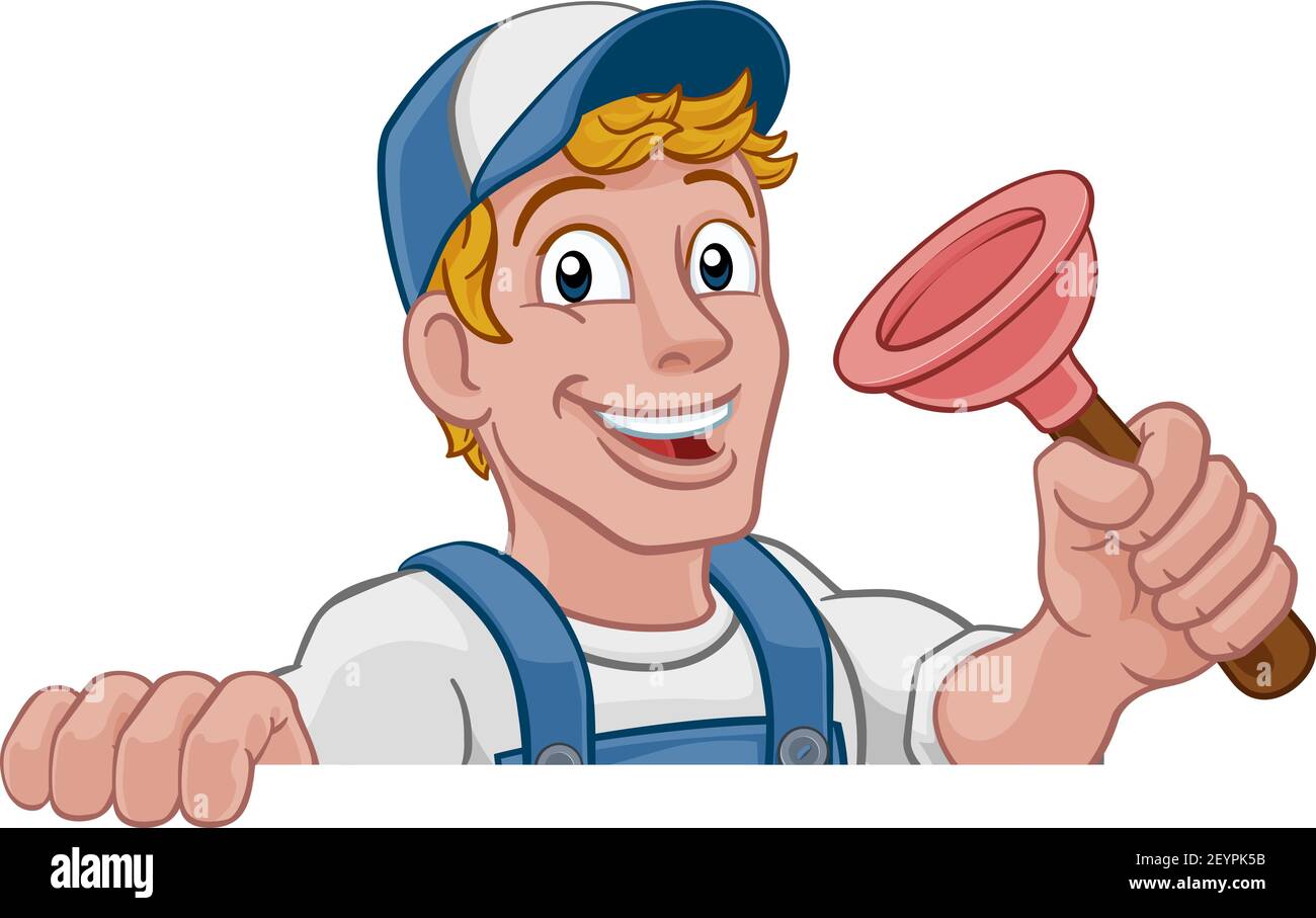 Plumber Cartoon Plumbing Drain Plunger Handyman Stock Vector Image ...