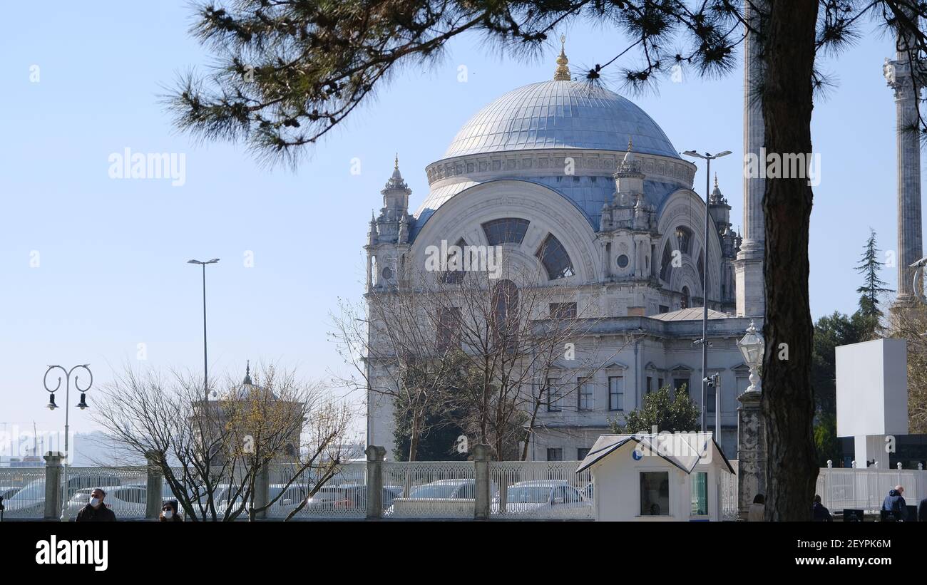 Dolmabahce mosque from dolmabahce palace and clock tower. Baroque and ...